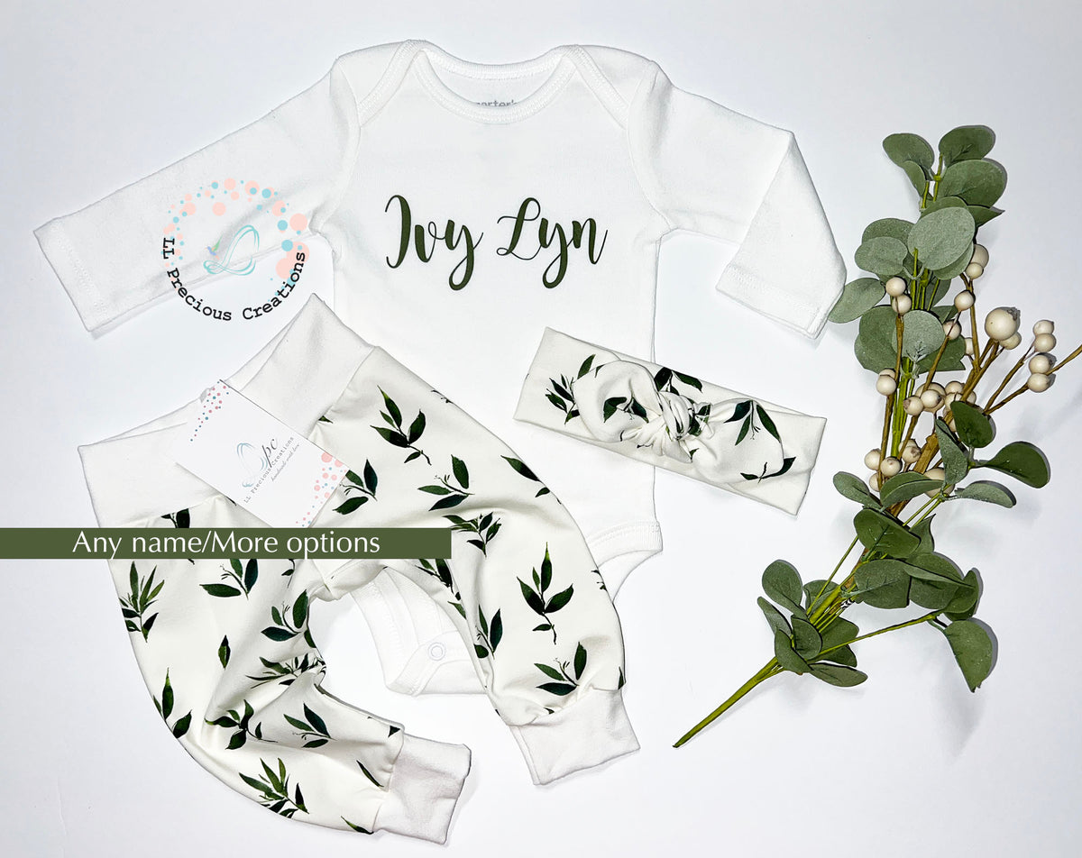 Personalized Organic Green Vine Newborn Baby Girl Outfit – LL Precious ...